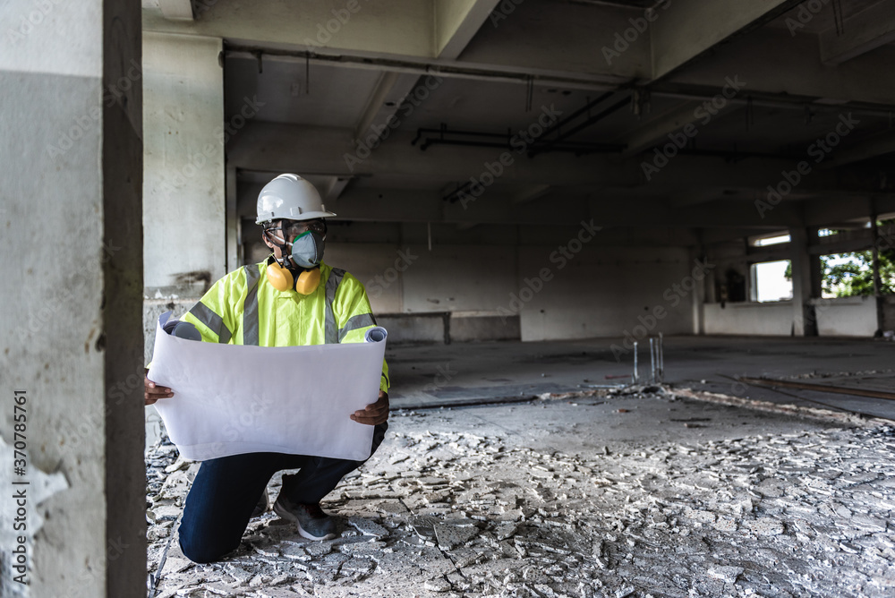 Black People Construction Worker wearing face mask and safety helmet ...