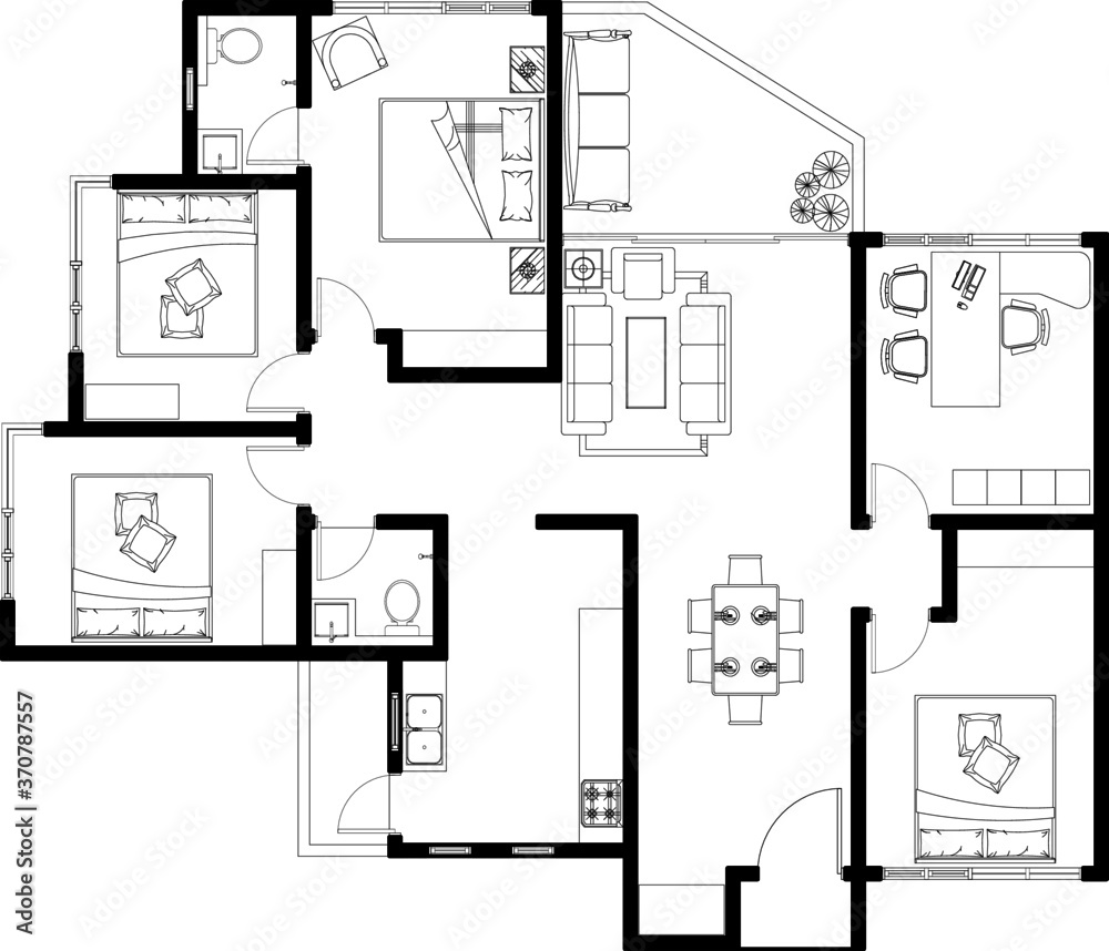 2D CAD layout plan drawing of a luxury condominium with a few numbers ...