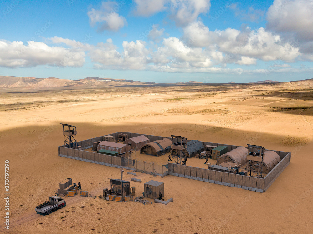 Military compound in the middle east, aerial view of a military base ...