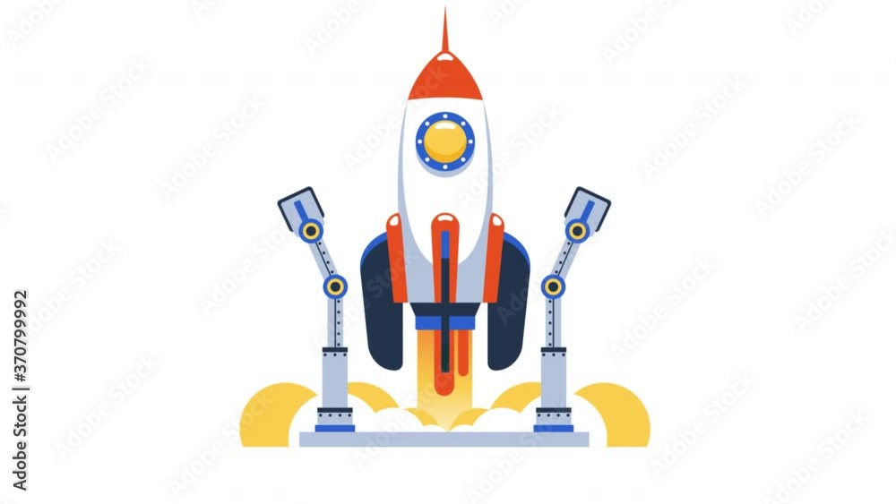 Cartoon rocket start. Space shuttle launch. 2d rocketship startup ...