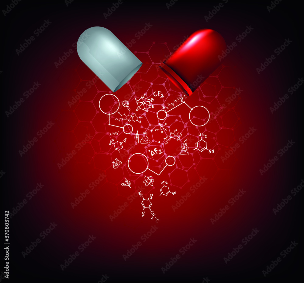 vector illustration showing an open capsule with pharmaceutical ...