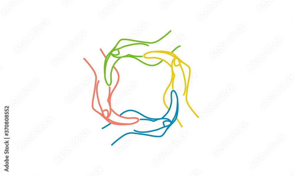 Four human hands creating a circle. Line drawing vector illustration ...