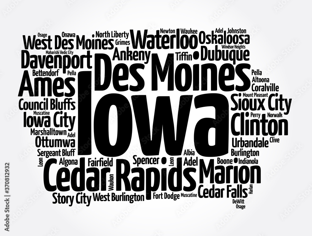 List of cities in Iowa USA state, map silhouette word cloud, map ...