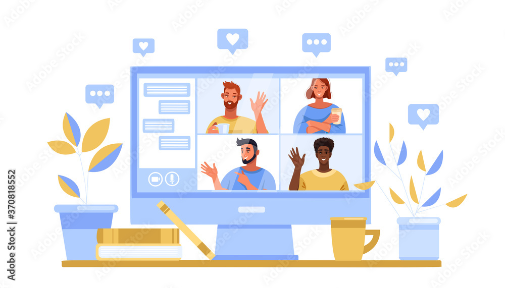 Virtual meeting vector illustration with multinational people, computer ...
