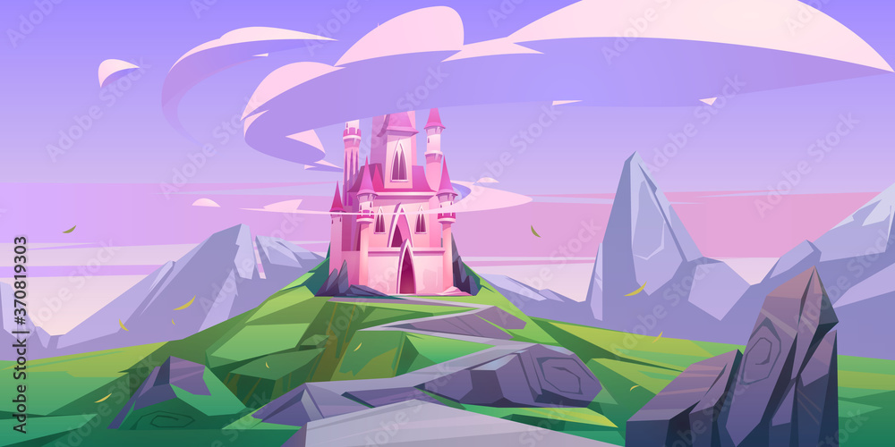 Pink magic castle, princess or fairy palace with turrets on mountain ...