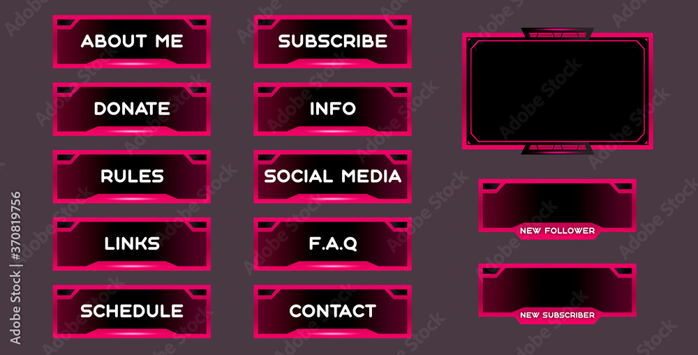 Twitch set of modern pink gaming panels and overlays for live streamers ...