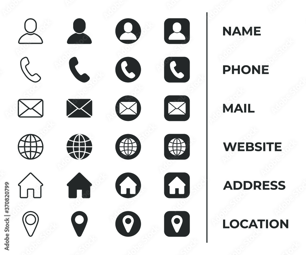 contact icon set-vector illustration in solid black color and line work ...
