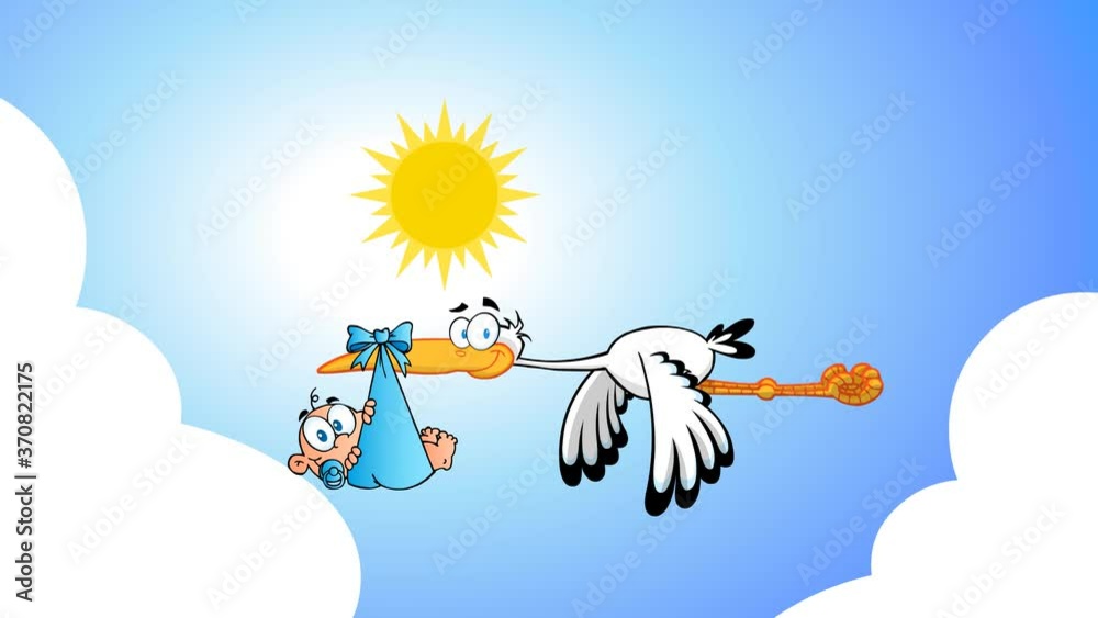Stork Delivering A Newborn Baby Boy Cartoon Characters. 4K Animation ...