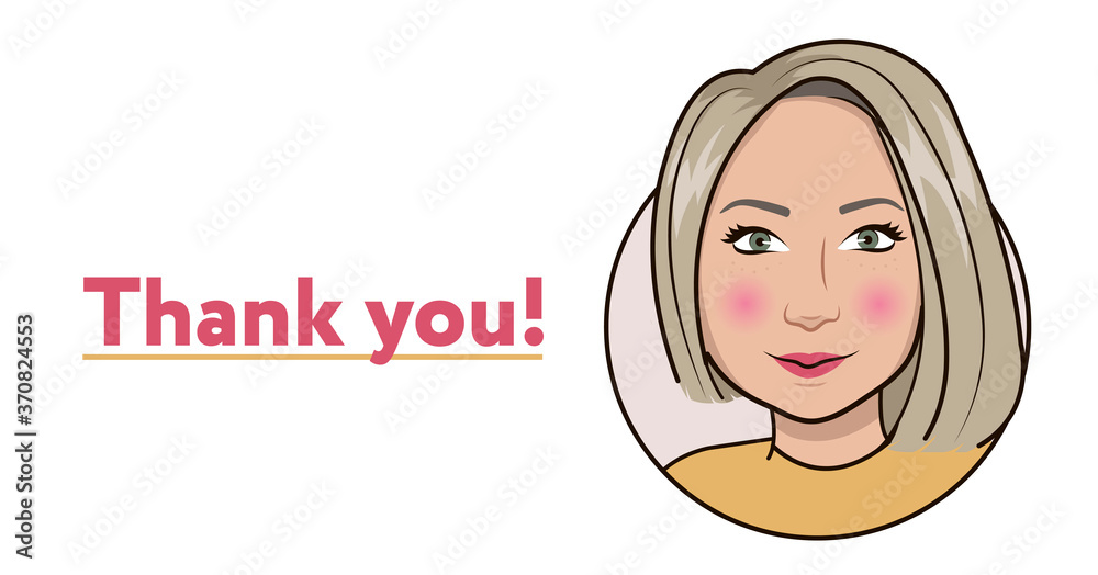 Thank you Sign. Friendly Woman character, person, smiling blonde girl ...