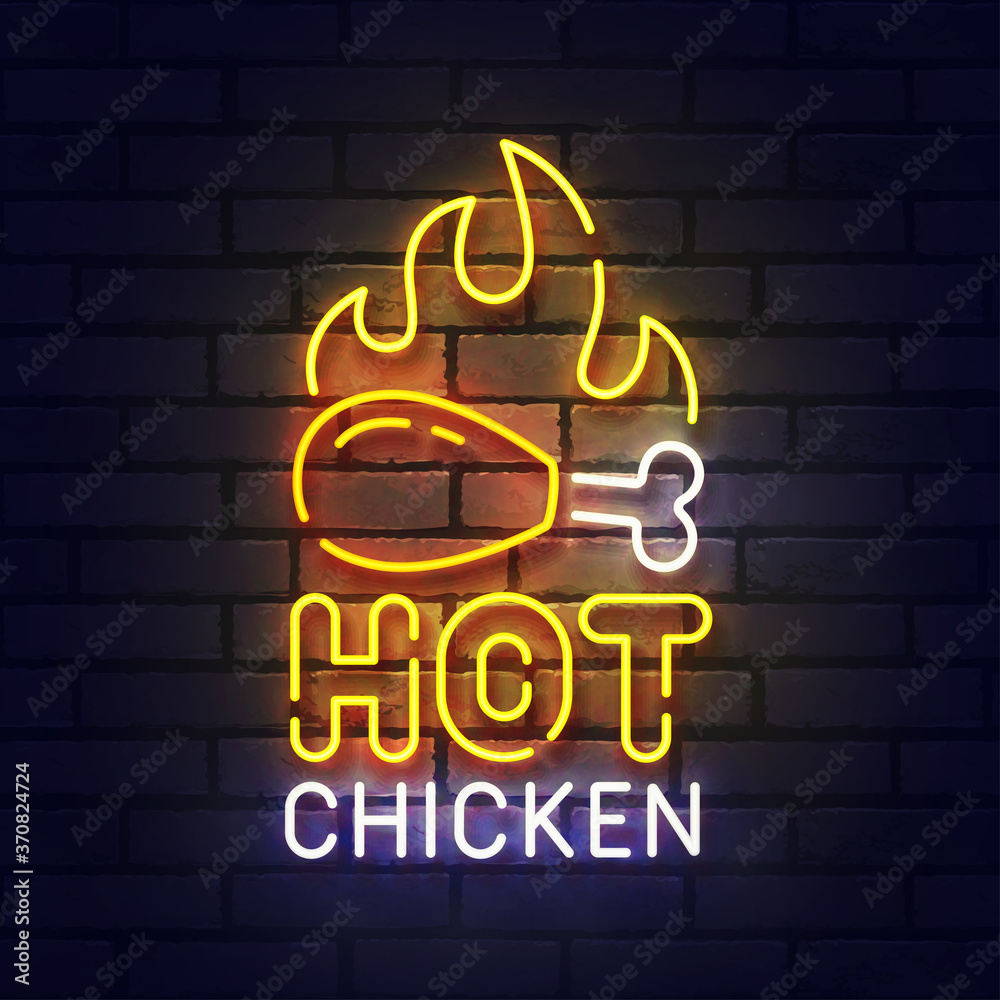 Hot Chicken neon sign, bright signboard, light banner. Chicken Grill ...