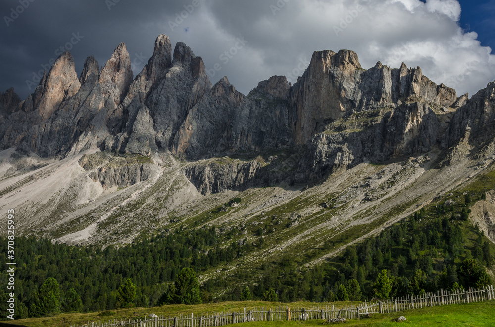 Odle mountain range before thunderstorm as seen from Brogles refuge ...