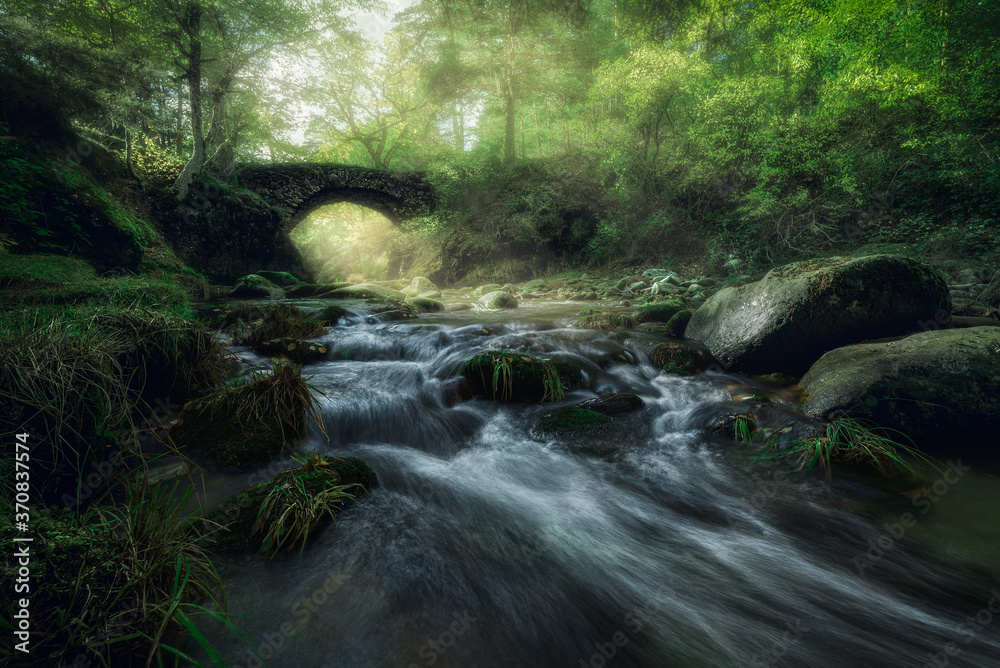 Narrow river with small cascade and stony shore streaming through foggy ...