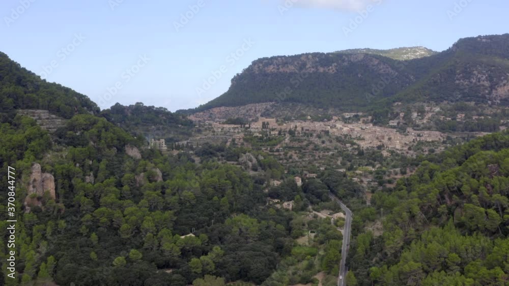 AERIAL: View on Valldemossa on Mountains in Jungle Forest on Tropical ...