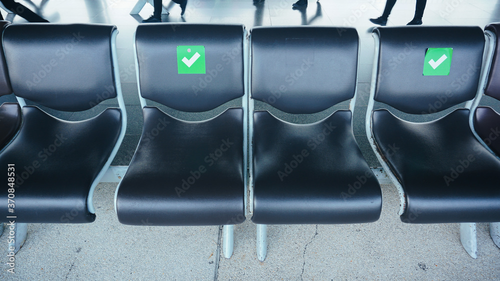 Social distance concept, waiting chairs with cross sign marked and ...