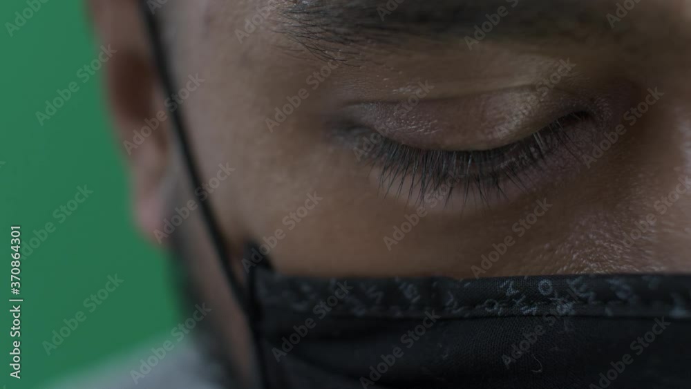 Blinking Asian Male Right Eye Close Up Wearing Face Mask. Macro, Green ...