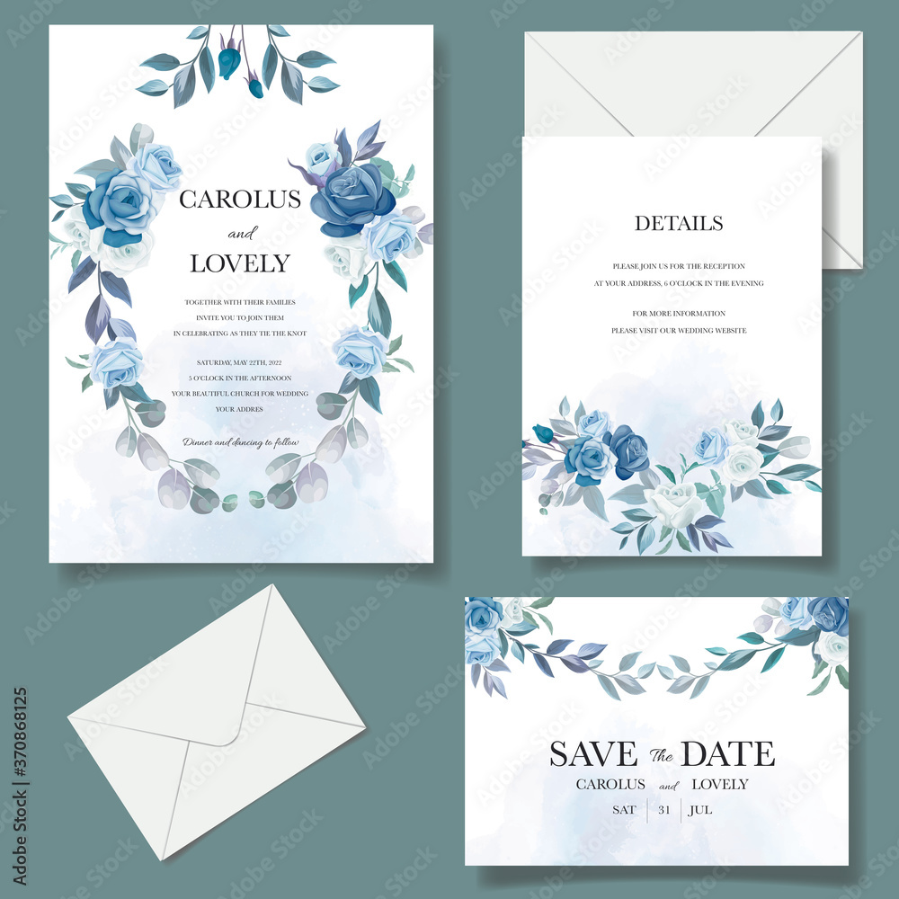 Blue wedding invitation template set with beautiful floral frame and ...