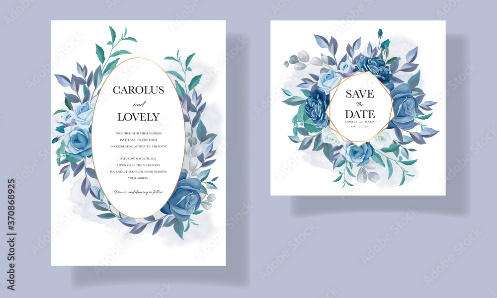 Blue wedding invitation template set with beautiful floral frame and ...