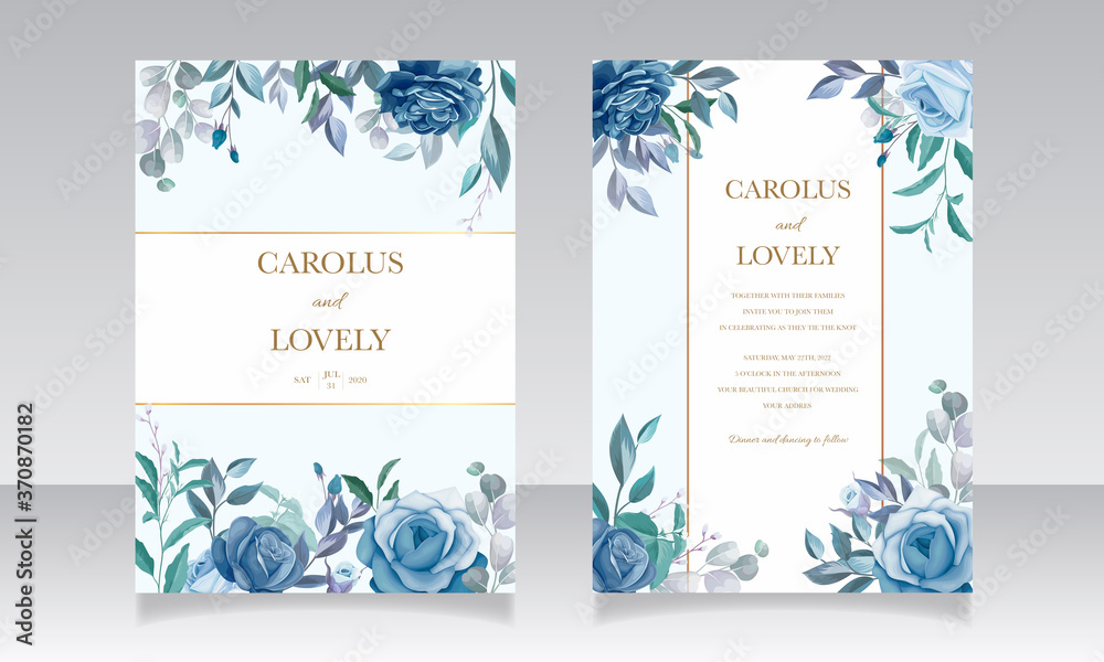 Blue wedding invitation template set with beautiful floral frame and ...