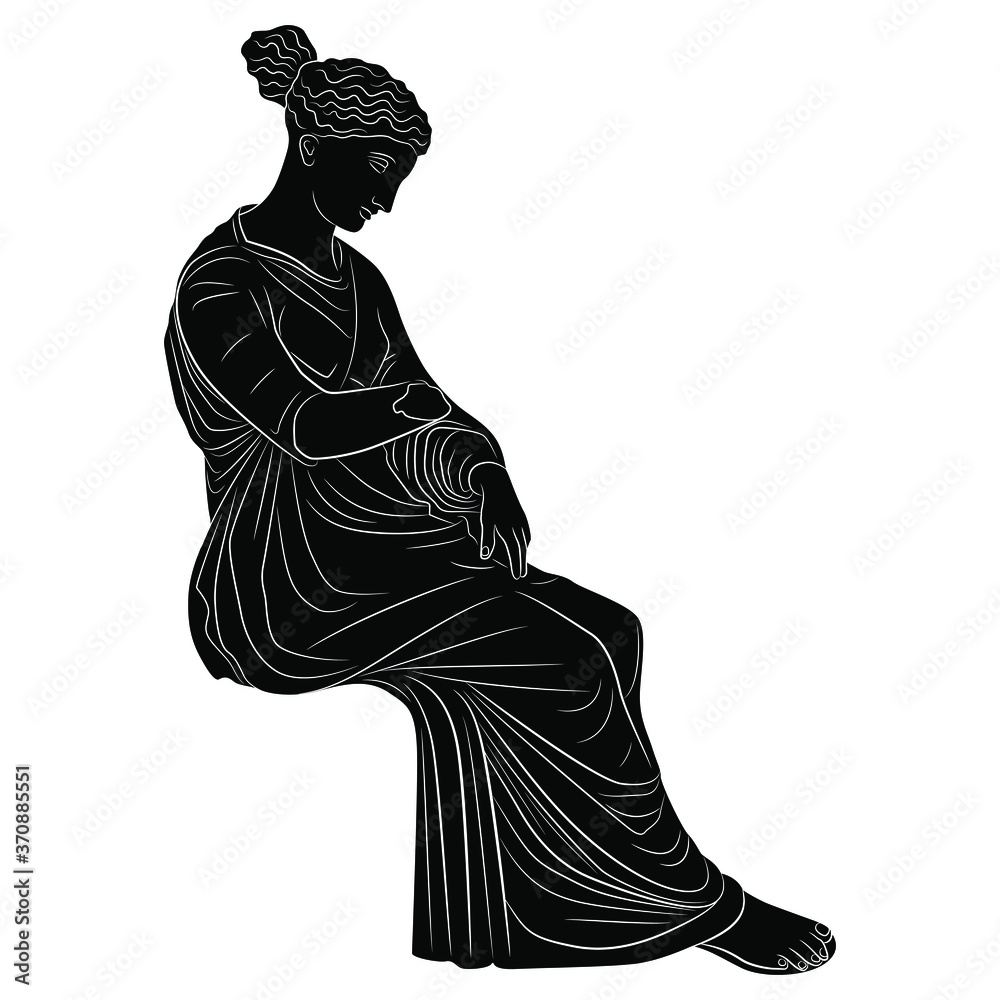 Seated ancient Greek woman. Antique sculpture. Black and white ...