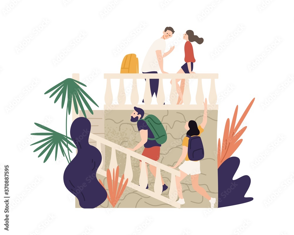 Friends, couples travel, spend time together, excursion, sightseeing ...