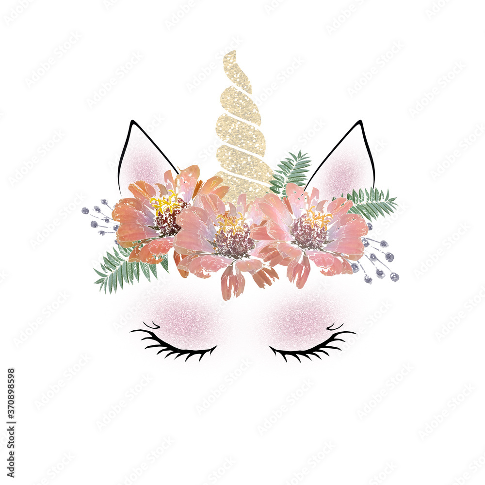 Isolated image of a cute unicorn face with a flower wreath. Stock ...