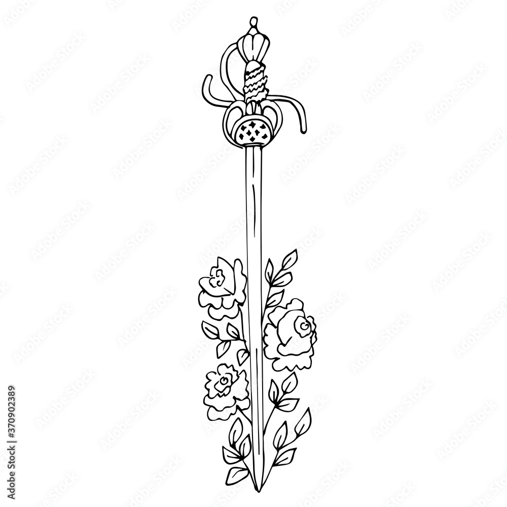 Vector drawing of an old sword with a figured handle. The outline ...