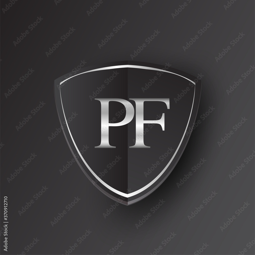 Initial logo letter PF with shield Icon silver color isolated on black ...