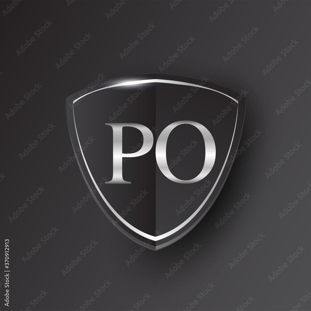 Initial logo letter PO with shield Icon silver color isolated on black ...