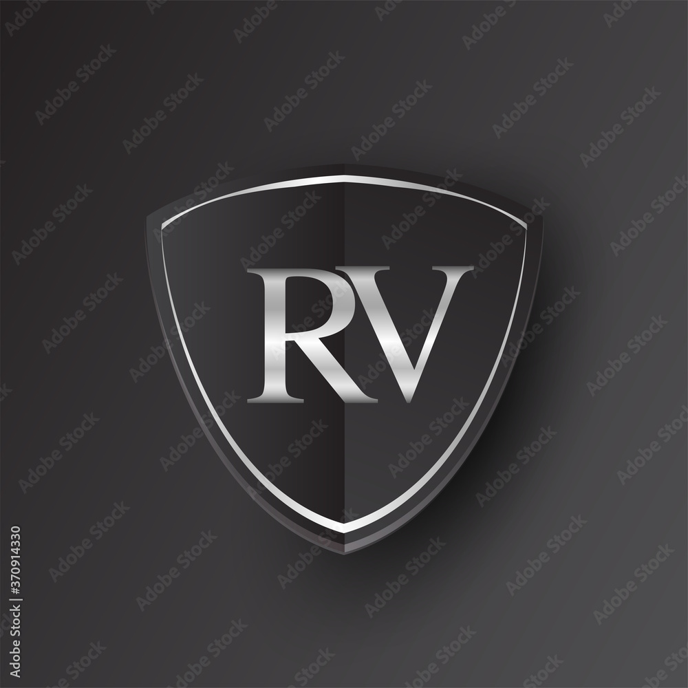Initial logo letter RV with shield Icon silver color isolated on black ...