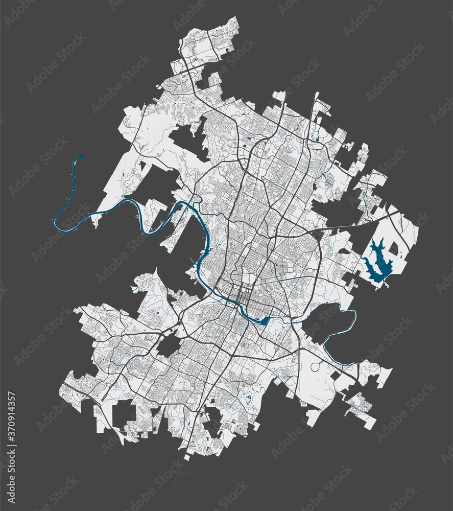 Austin map. Detailed map of Austin city poster with streets, water ...