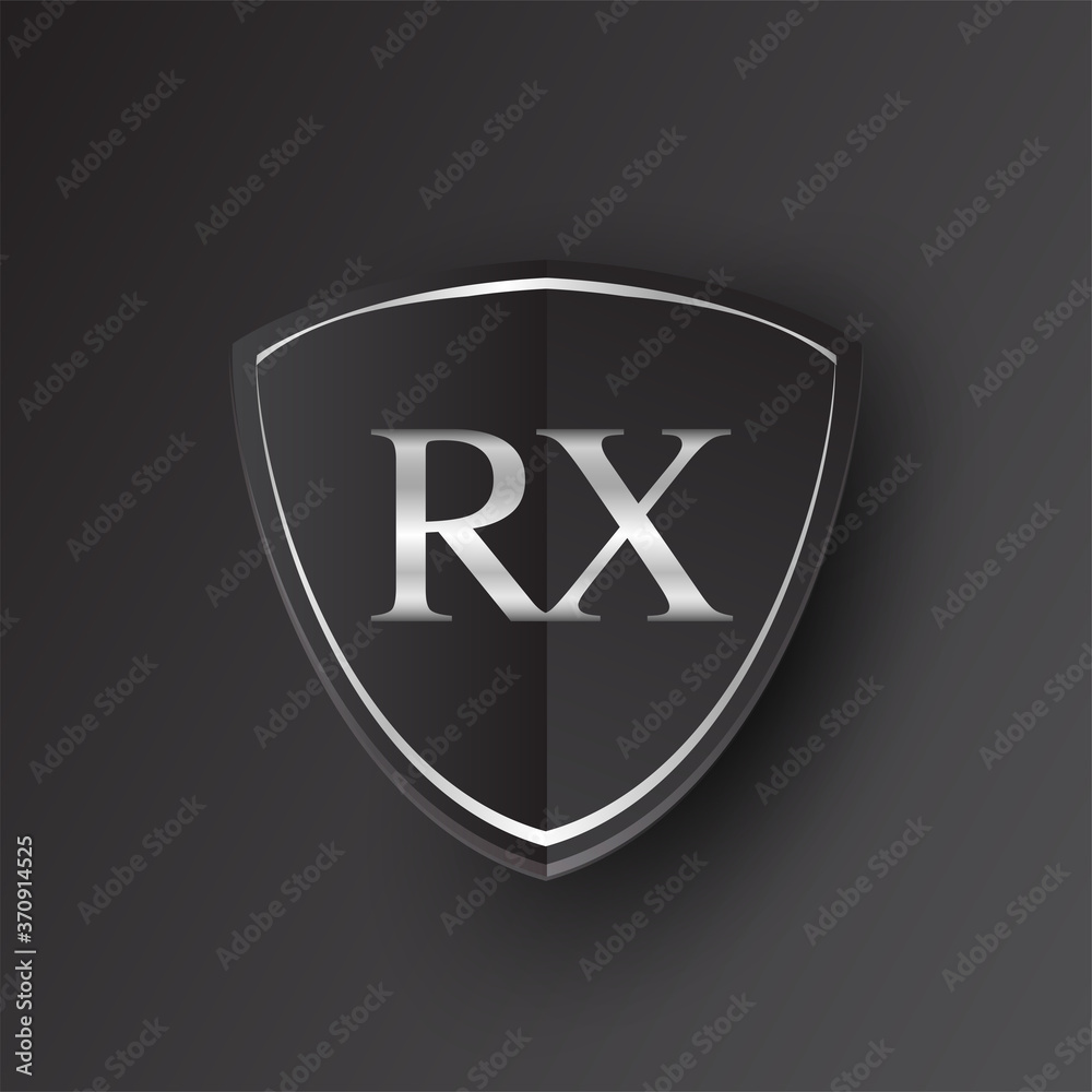 Initial logo letter RX with shield Icon silver color isolated on black ...