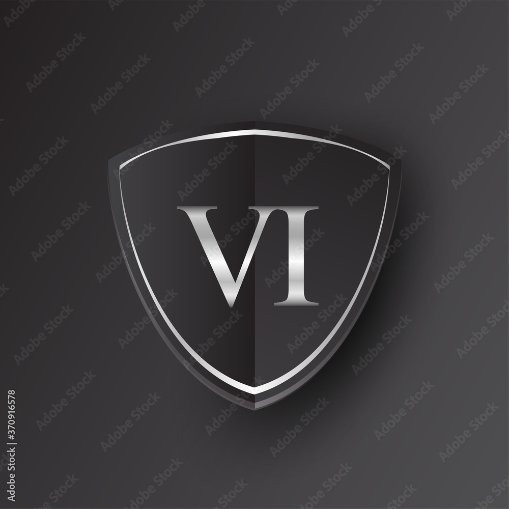 Initial logo letter VI with shield Icon silver color isolated on black ...