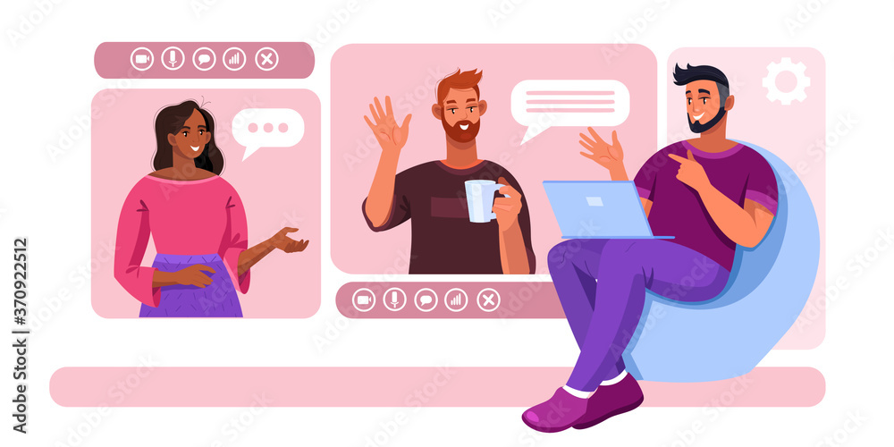 Video call illustration with smiling friends meeting online, laptop ...