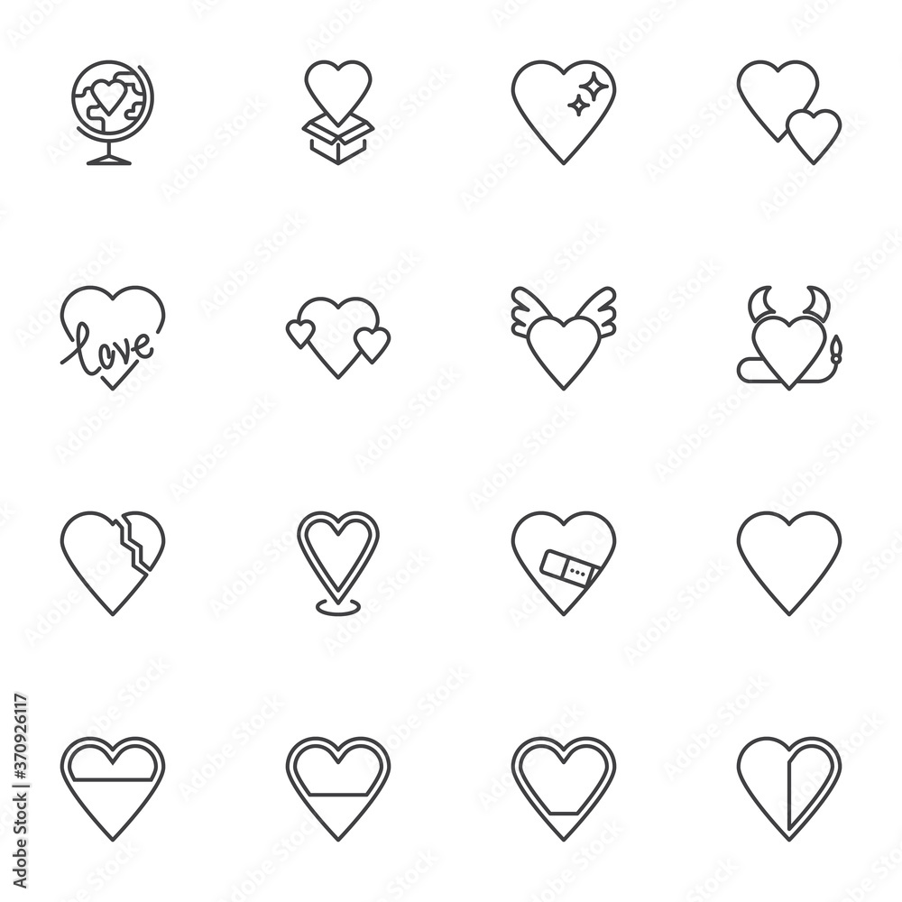 Love, heart line icons set, outline vector symbol collection, linear ...