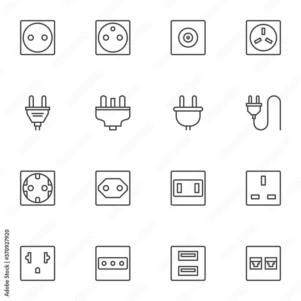 Plug and socket line icons set, outline vector symbol collection ...