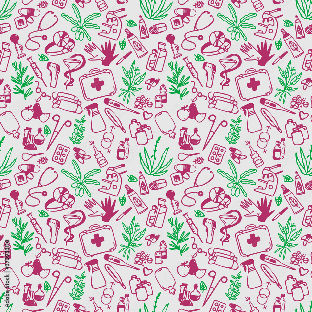 Pharmacy. Seamless pattern with medical symbols. Vector illustration of ...