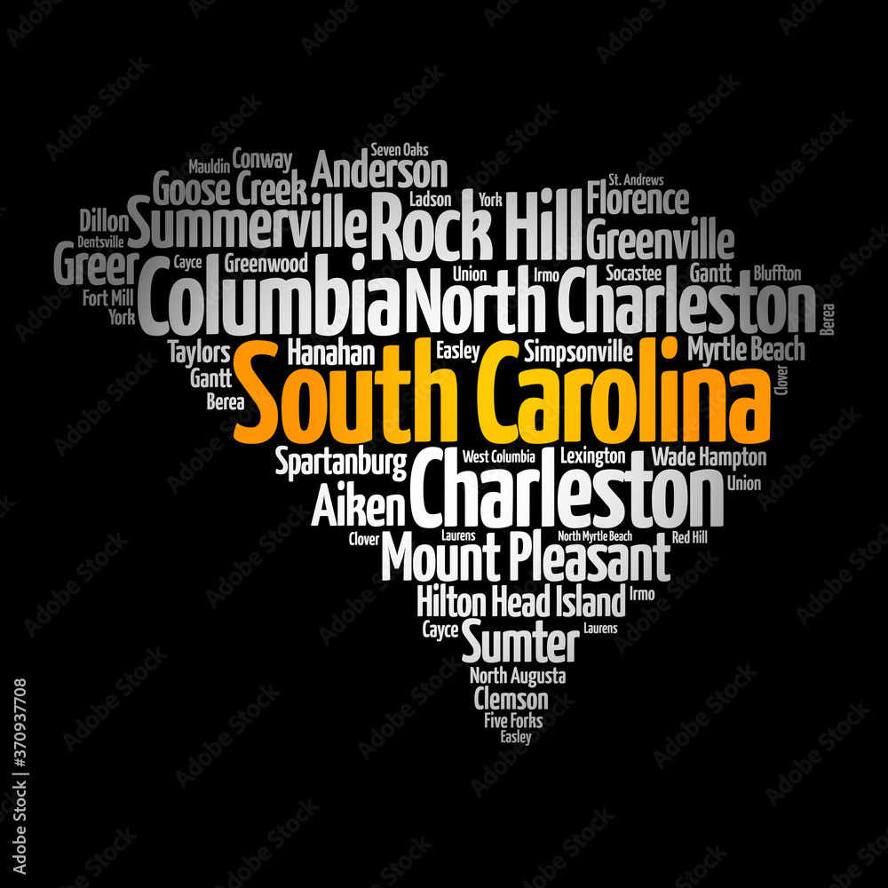 List of cities in South Carolina USA state, map silhouette word cloud ...