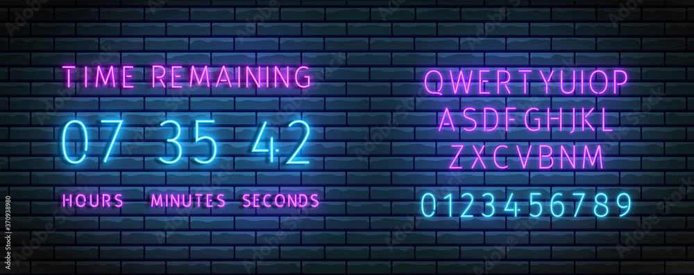 Countdown timer. Neon clock counter wiht font. Vector. Time remainig ... Countdown timer. Neon clock counter wiht font. Vector. Time remainig ...