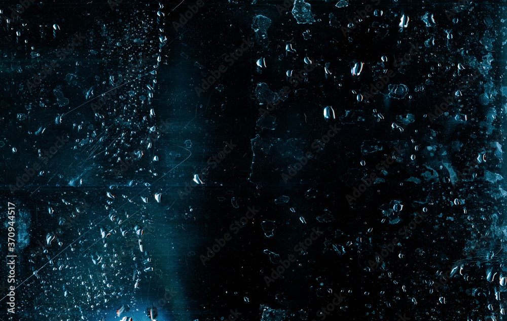 Wet glass background. Stained texture. Teal blue distressed window with ...