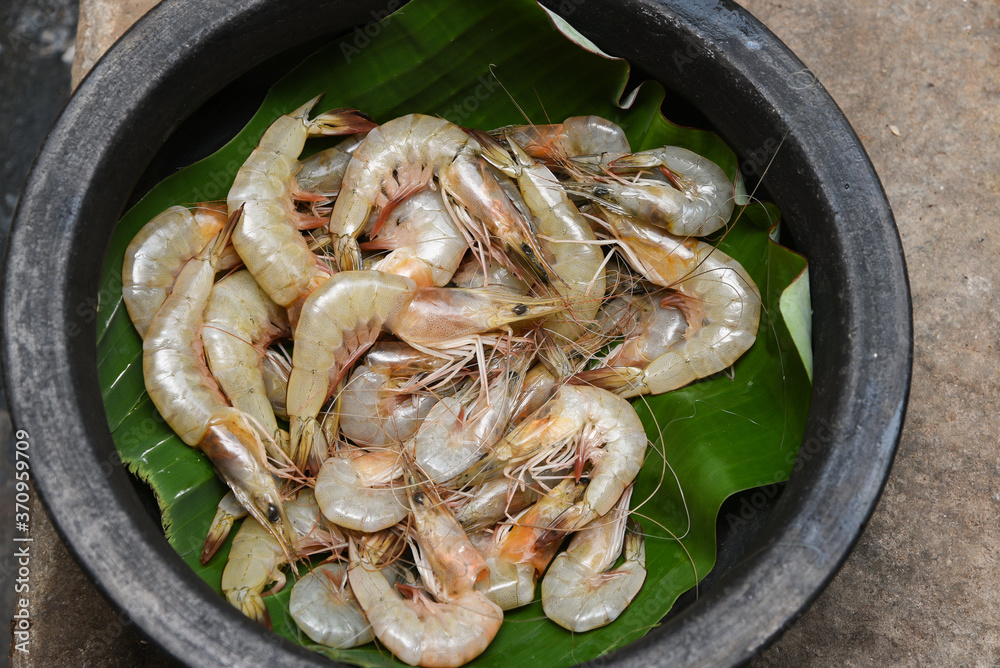 Fresh raw shrimp, prawn in Kerala India. Seafood in coastal area ...