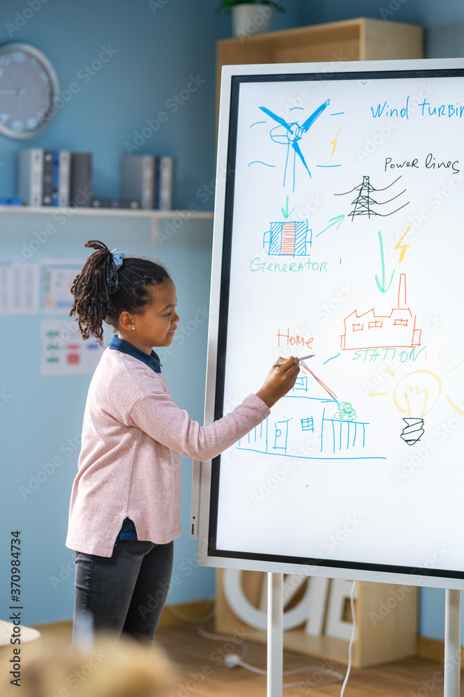 Elementary School Science Class: Cute Girl Uses Interactive Digital ...