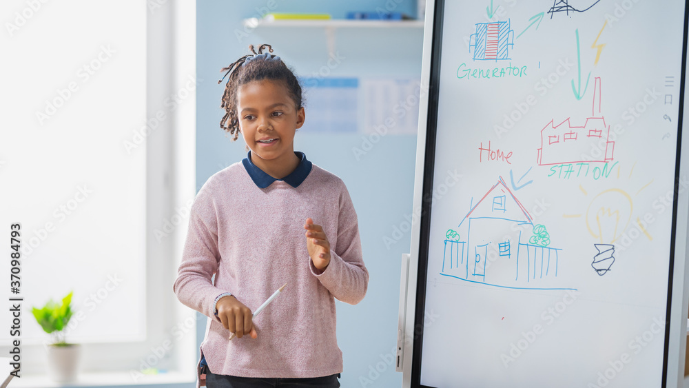 Elementary School Science Class: Portrait of Cute Girl Uses Interactive ...
