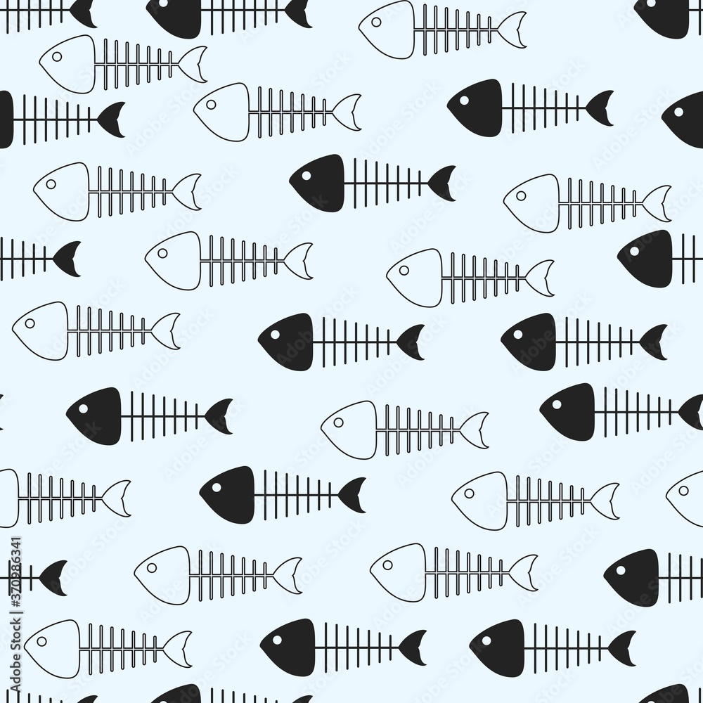 black fishbone skeleton dead fish on blue color of background seamless ...