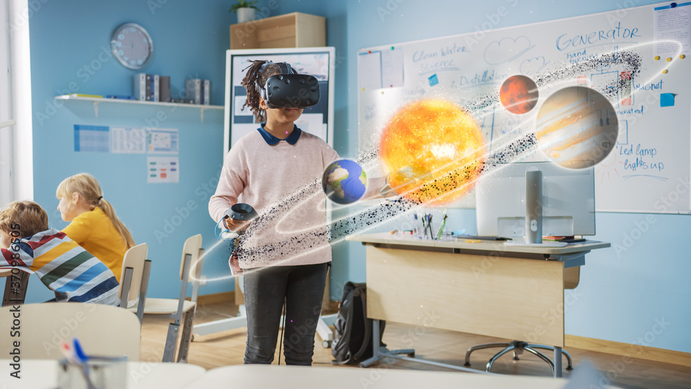 Cute Girl Wearing Augmented Reality Headset and Using Controllers ...