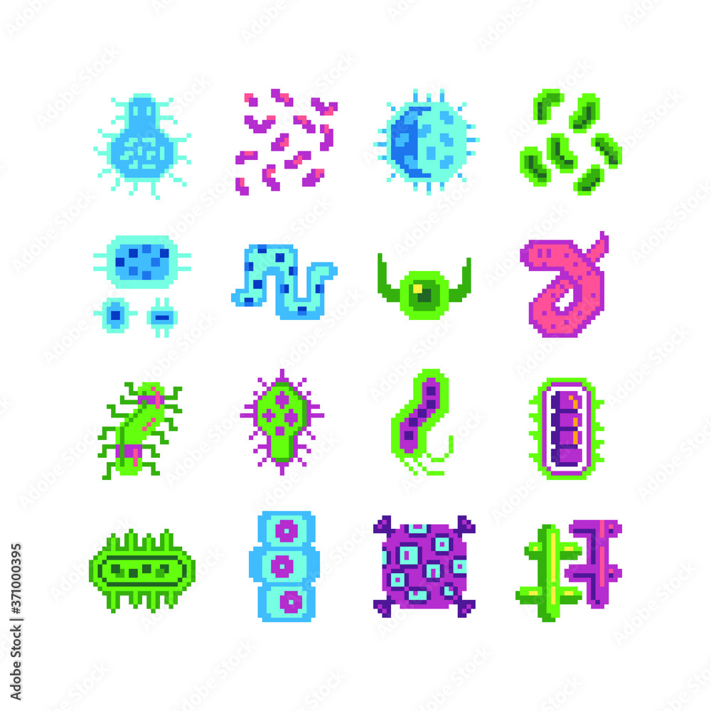 Bacteria and microbe under a microscope pixel art icons set. Viral ...
