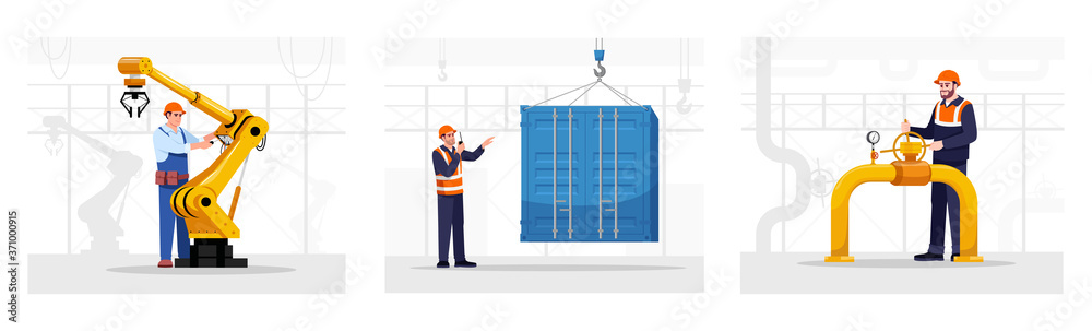 Engineer semi flat vector illustrations set. Mechanic working with ...