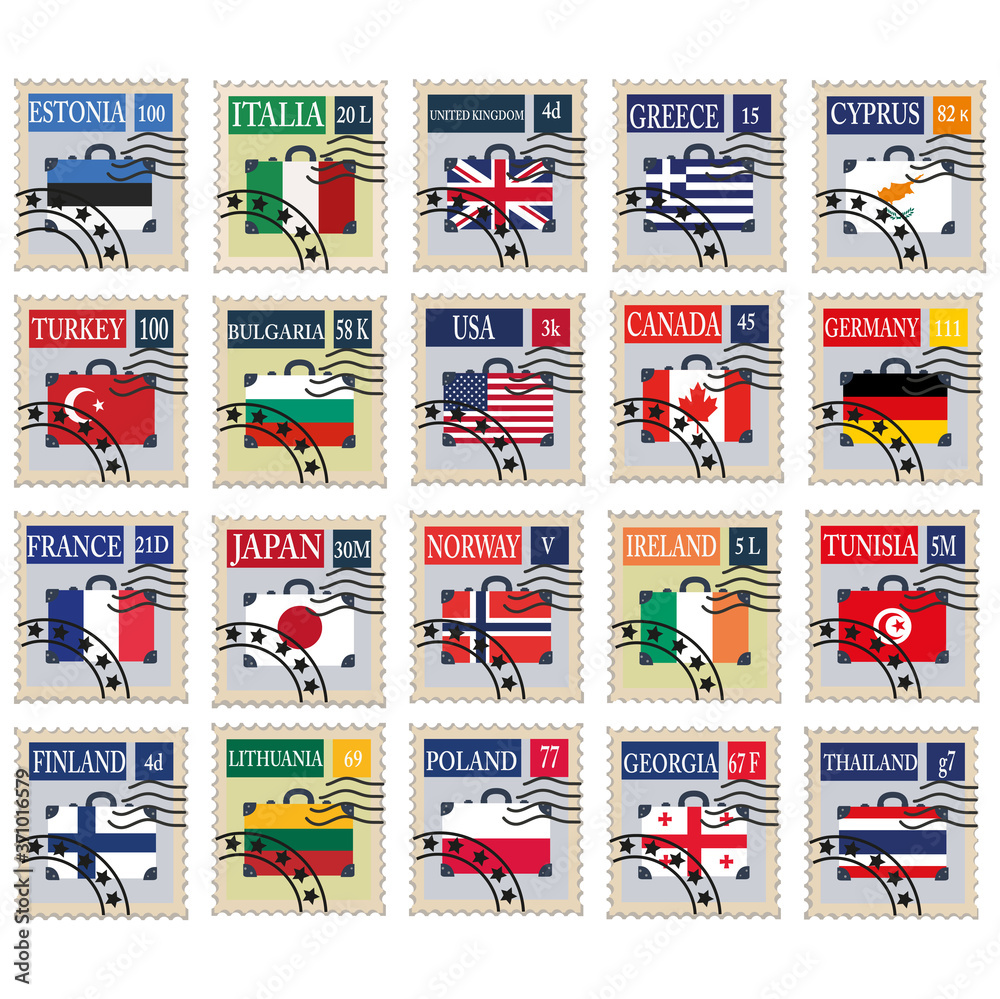 Set of postage stamps from different countries with flags on the ...