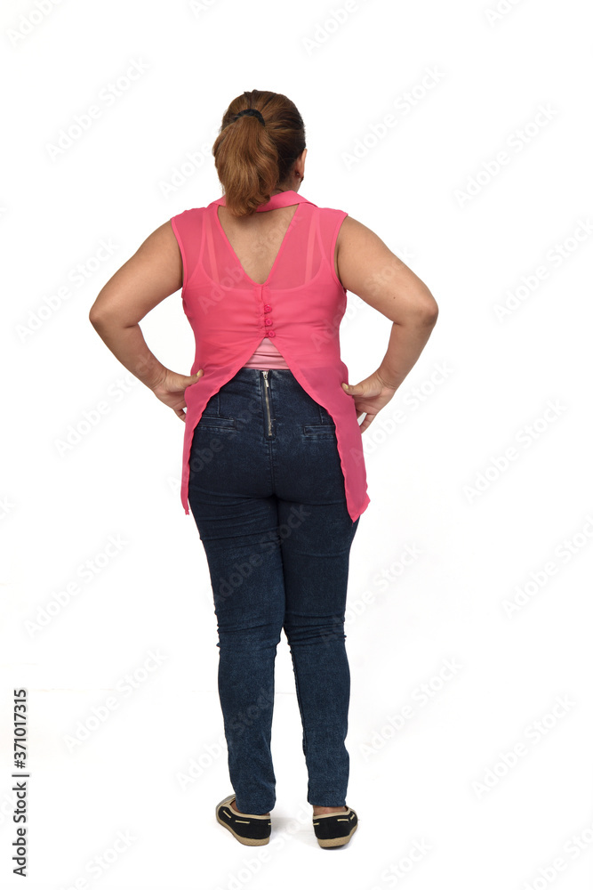 full portrait of woman standing and back view on white background ...