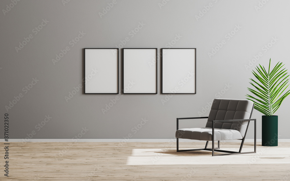 Three blank empty vertical frame mock up in empty room with gray ...