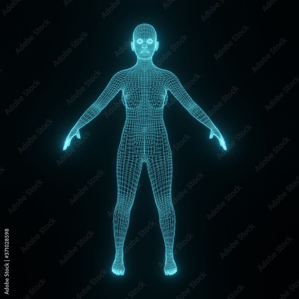 Concept or conceptual 3D wireframe young human female on black ...